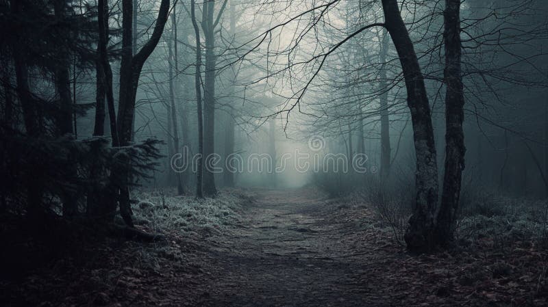 Through a Dark Forest Shrouded in a Desolate Grey Mist on a Rainy Day ...
