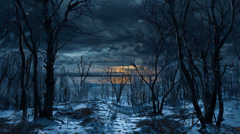 A Dark Forest with Snow and Trees at Night Stock Photo - Image of ...