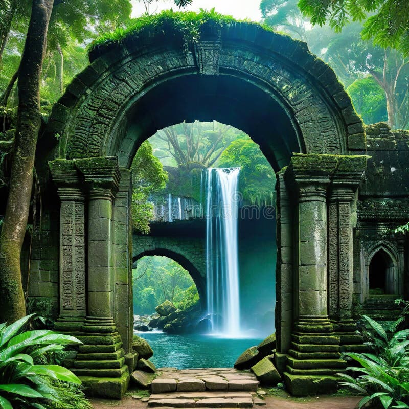 Dark Forest with Stone Arch and Waterfall in the Middle Stock ...