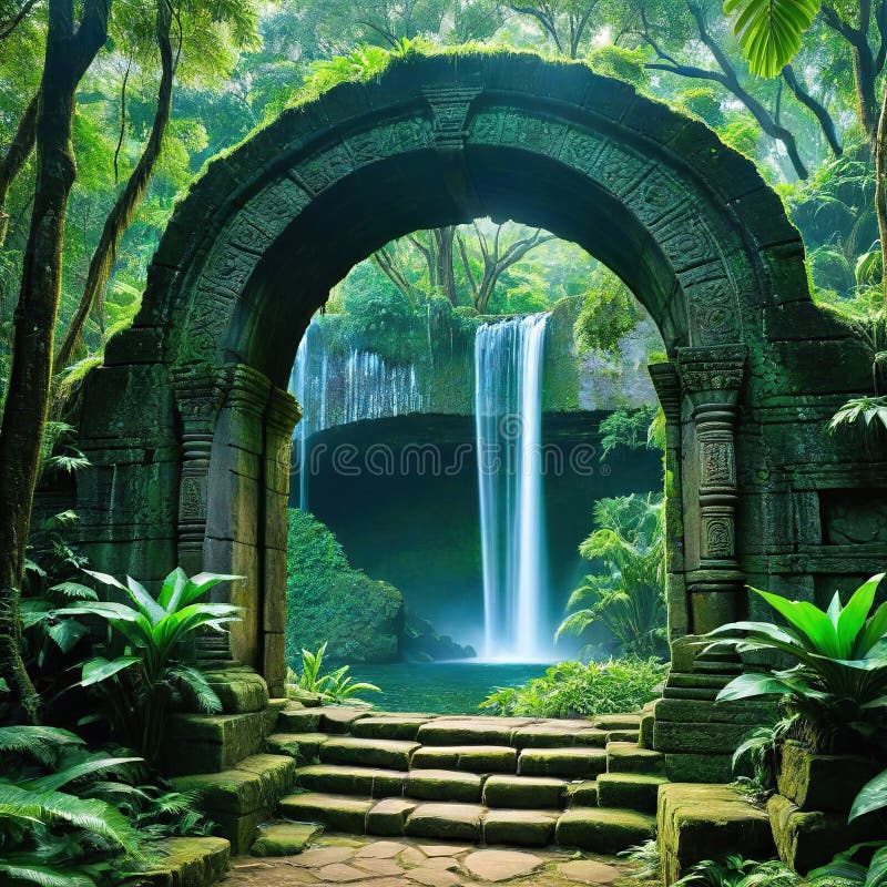 Dark Forest with Stone Arch and Waterfall in the Middle Stock ...