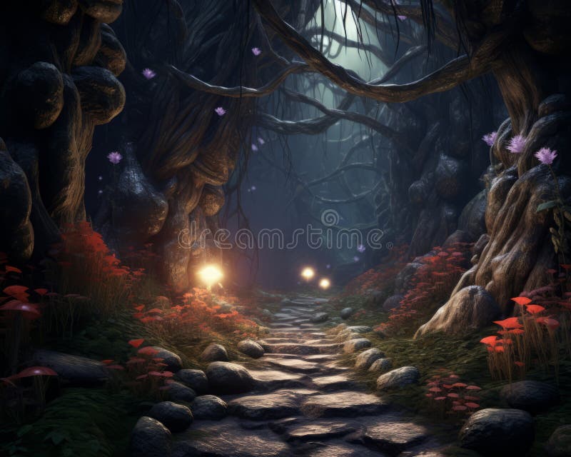 A Dark Forest with a Stone Path Leading To a Light at the End Stock ...