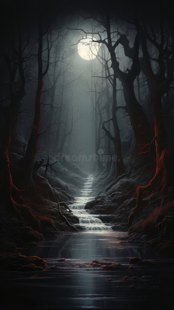 A Dark Forest with a Stream Running through it Stock Image - Image of ...