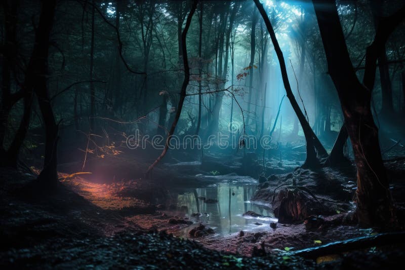 A Dark Forest with a Stream Running through the Middle of the Forest ...