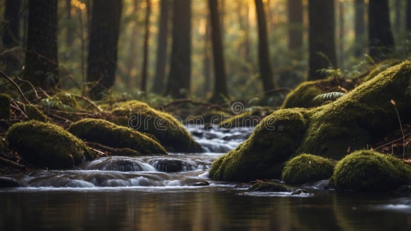 An Dark Forest with a Stream of Water Running through it. Stock Photo ...