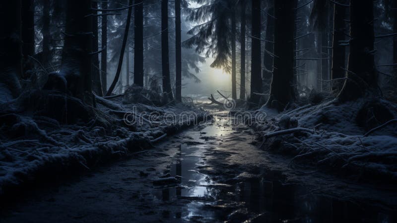 A Dark Forest with a Stream of Water Running through it. Generative AI ...