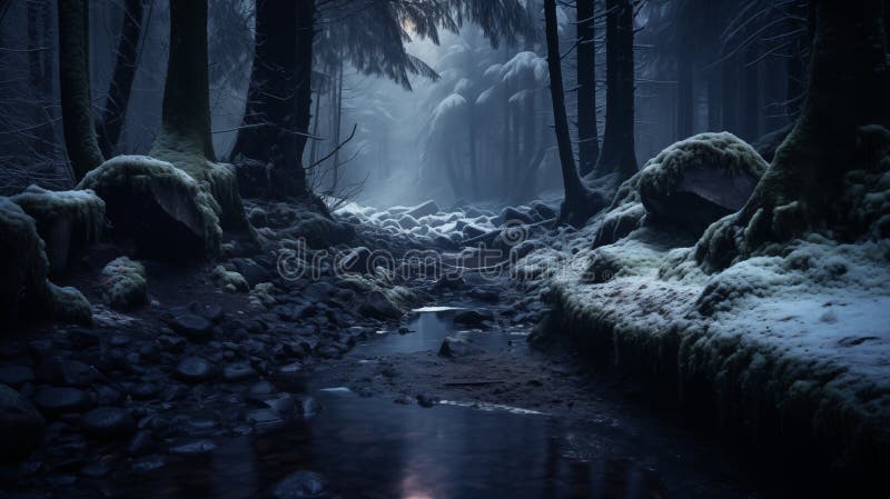 A Dark Forest with a Stream of Water Running through it. Generative AI ...
