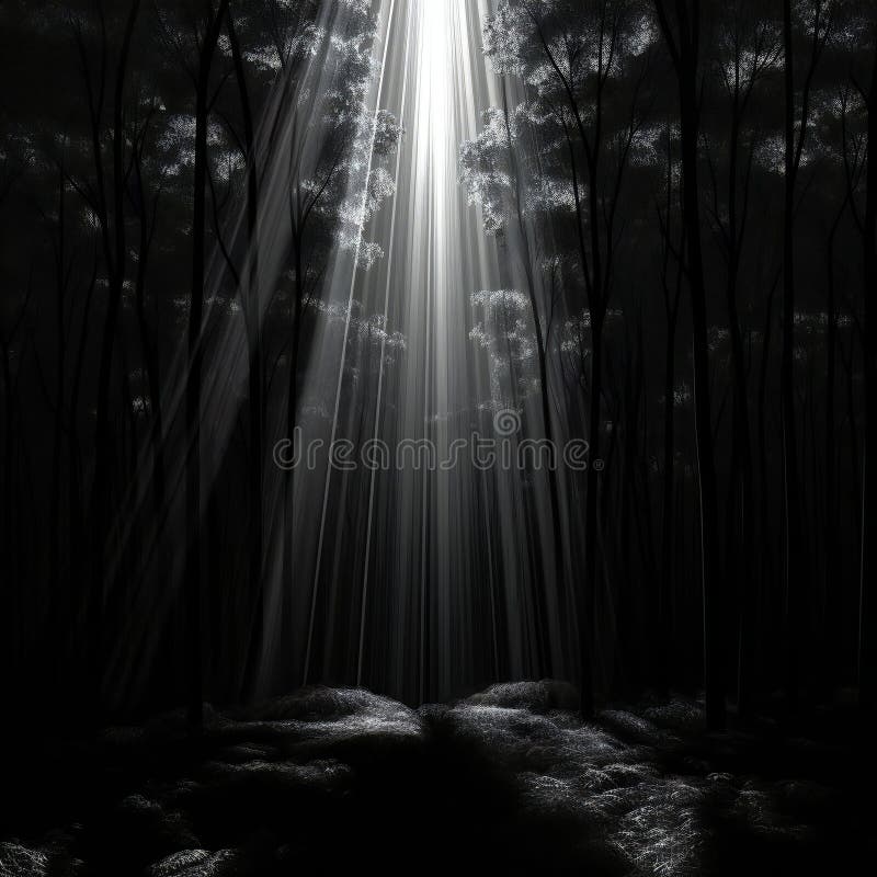 Dark Forest with Sun Rays Shining through the Trees Stock Illustration ...