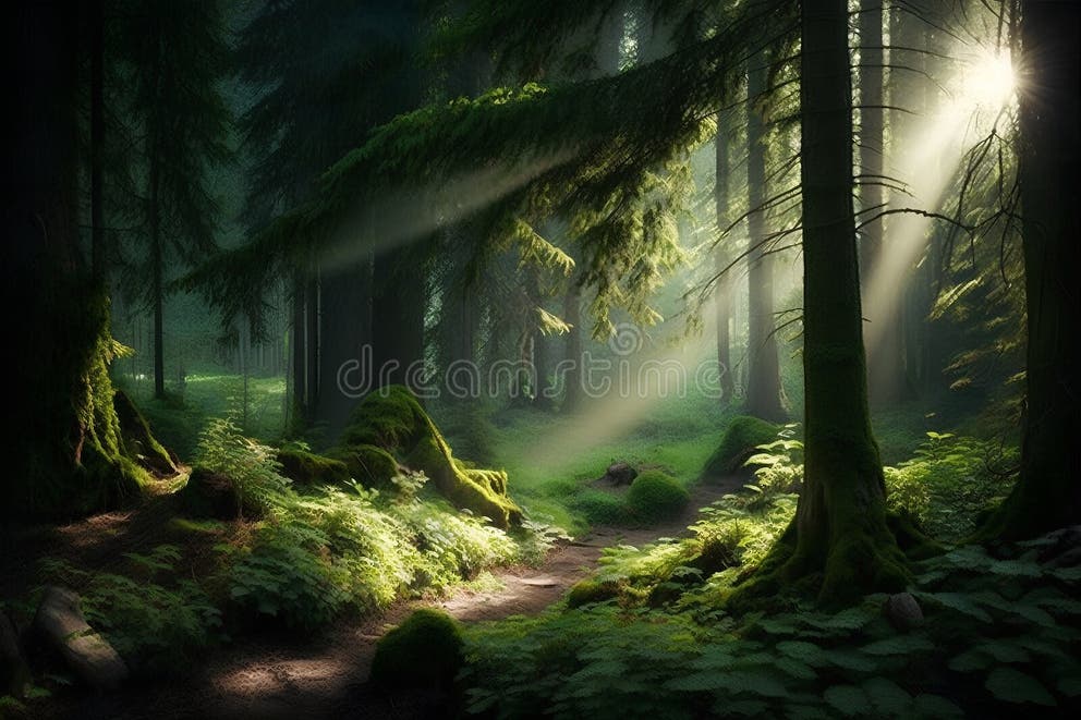 Dark Forest with Sun Rays Shining through the Trees and Mossy Rocks ...