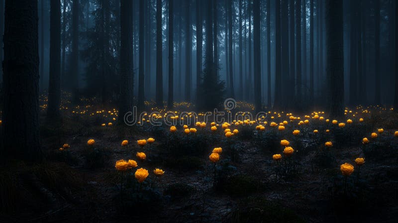 A Dark Forest with Tall Trees and a Field of Glowing Yellow Roses in ...