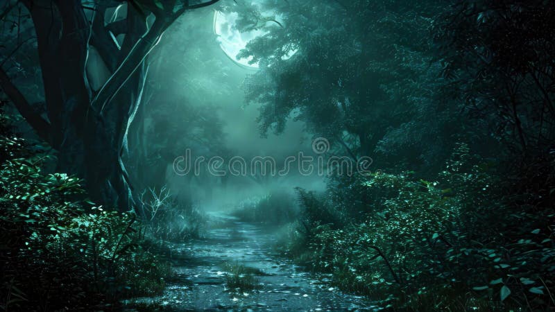 A Dark Forest with Towering Trees and a Calm Stream Flowing through it ...