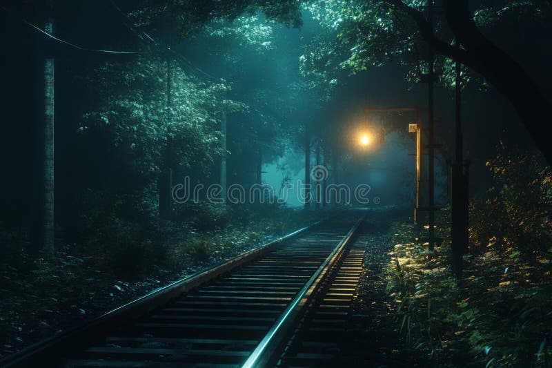 A Dark Forest with a Train Track in the Middle Stock Illustration ...