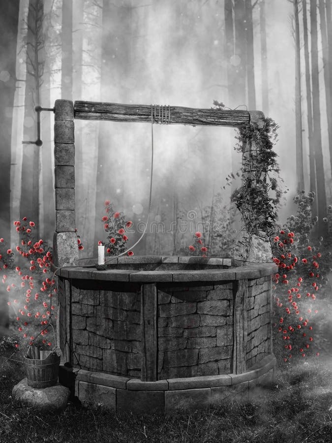 Dark forest with a well stock illustration. Illustration of white ...