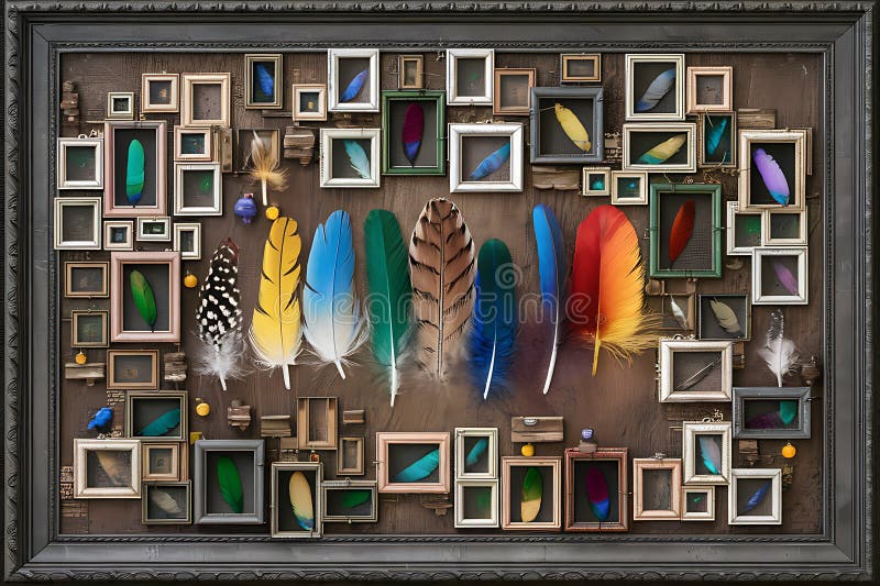 Ornate Framed Collage of Vibrant Bird Feathers and Miniatures Stock ...