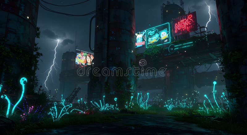 A Dark, Futuristic Cityscape Features Towering Columns and Elevated ...