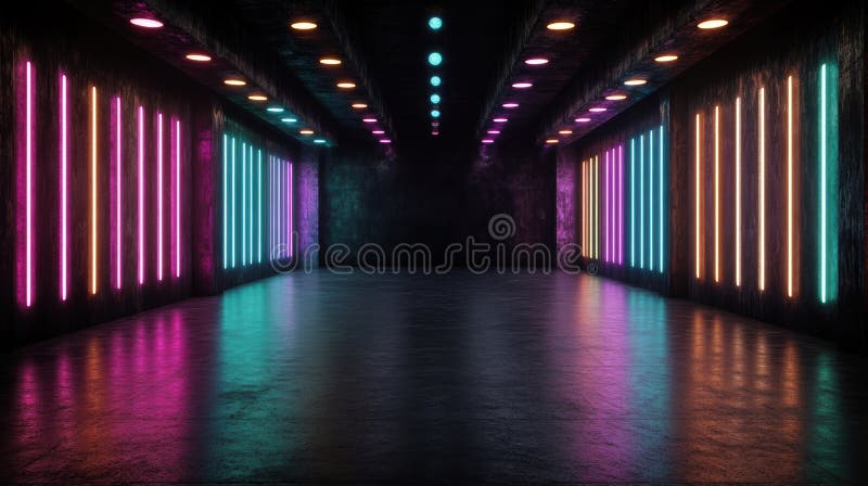 A Dark, Futuristic Corridor Featuring Vibrant Neon Light Strips on ...
