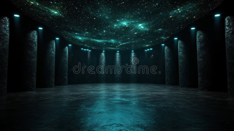 Dark Futuristic Interior Featuring a Starry Ceiling, Illuminated by ...
