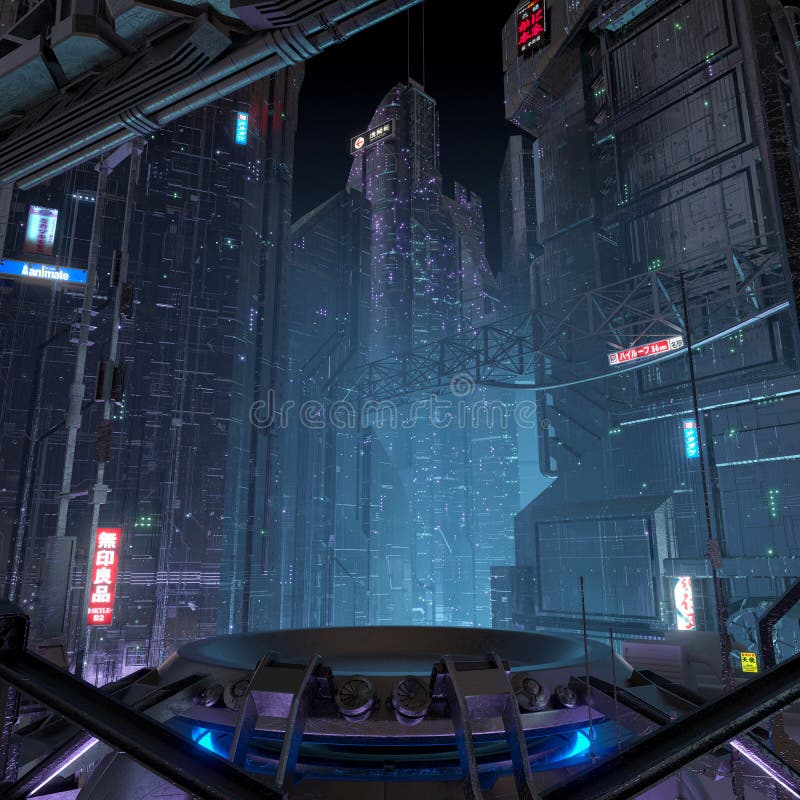 Dark Futuristic Sci Fi Scene with Skyscraper Building and Mechanical ...