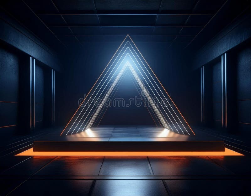 Illuminated Stage with Geometric Neon Triangle Stock Illustration ...