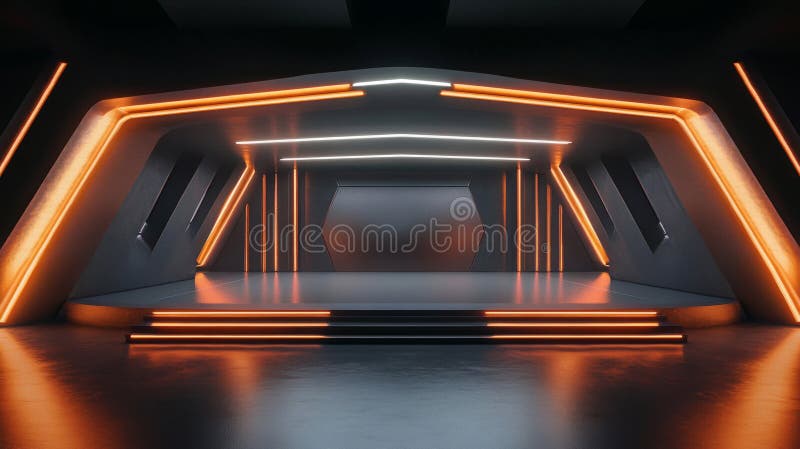 Dark Futuristic Stage with Orange Neon Lights Stock Illustration ...