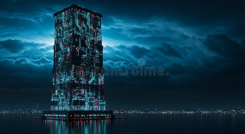 A Dark Futuristic Tower with Glowing Blue Lights, Stock Illustration ...