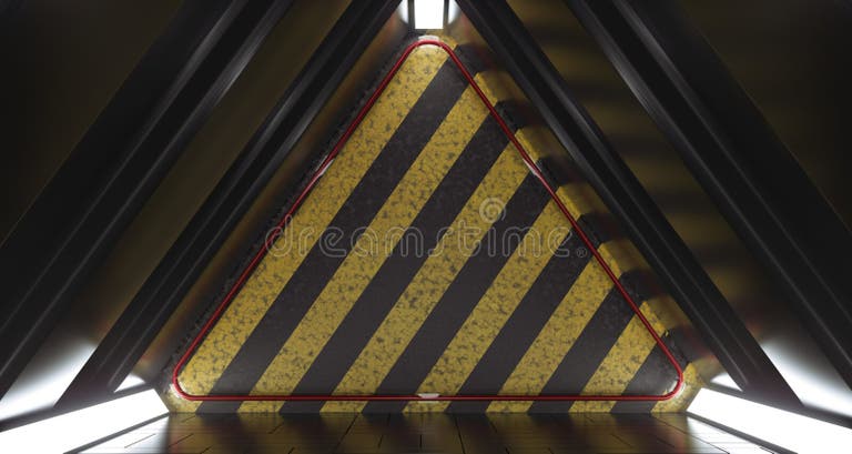 Dark Futuristic Triangle Sci-Fi Empty Room with Hazard Pattern Stock ...