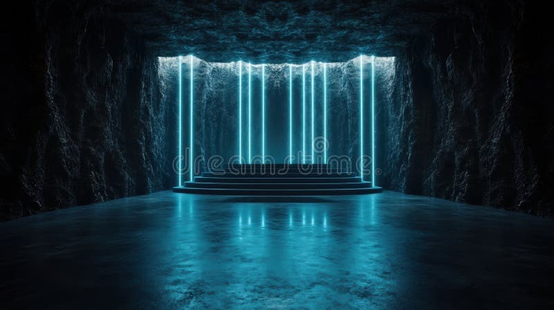 Dark, Futuristic Underground Chamber Featuring a Multi-tiered Platform ...