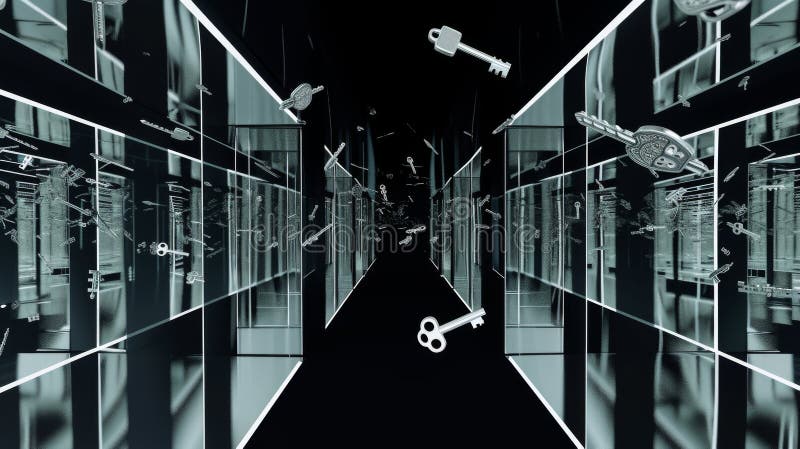 Dark Gallery with Floating Keys Stock Image - Image of generated ...