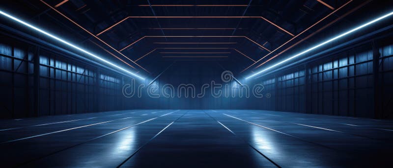 Dark Garage Background, Perspective View of Warehouse in Hangar with ...