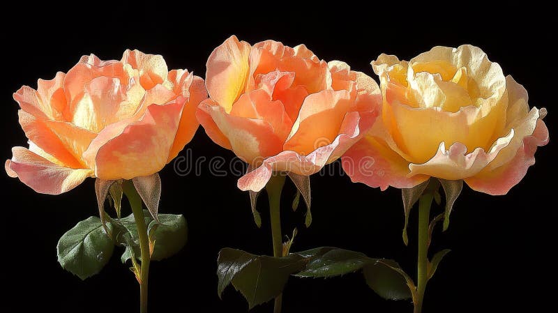 In a Dark Garden, Soft Light Shines on Roses that are Peachy Stock ...