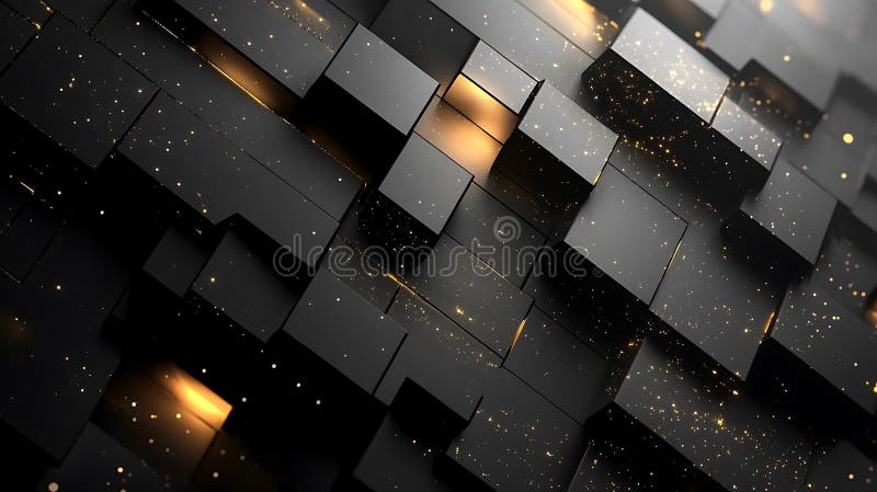 Dark Geometric Cubes Abstract Background with Golden Particles and Warm ...