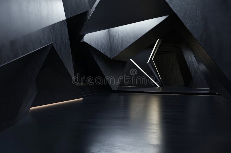 A Dark, Geometric 3D Black Interior Featuring Overlapping Triangular ...
