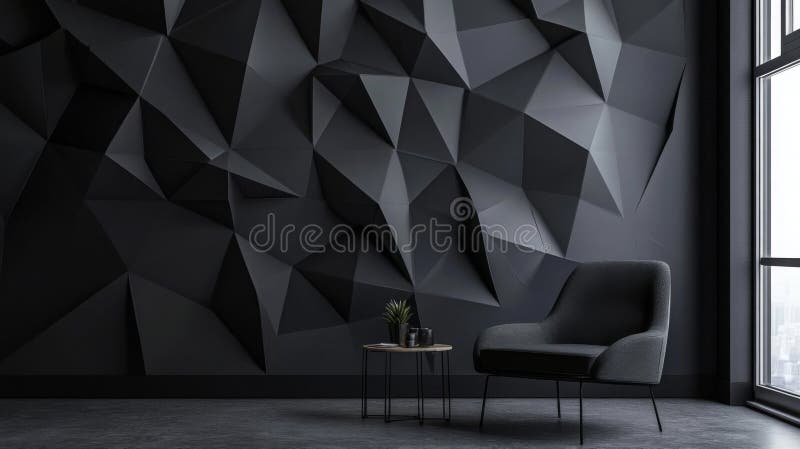 Dark Geometric Room Interior Design with Black Chair Stock Illustration ...