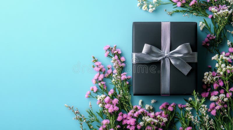 The Dark Gift Box Featuring Blue Flowers is Positioned on a Light Blue ...