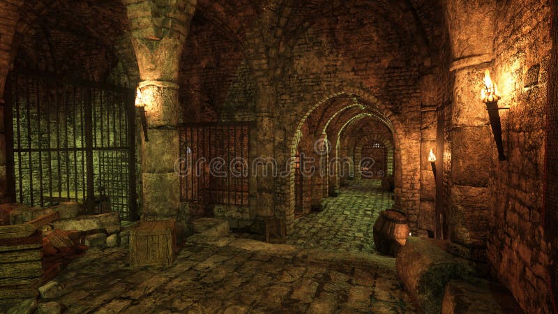 Dark Gloomy Dungeon Corridor in an Old Medieval Prison with Empty Jail ...