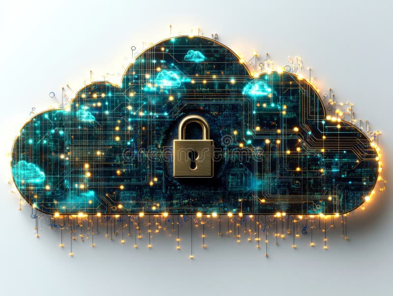 Dark Glowing Cloud Lock Surrounded by Golden Circuits and a Starry ...