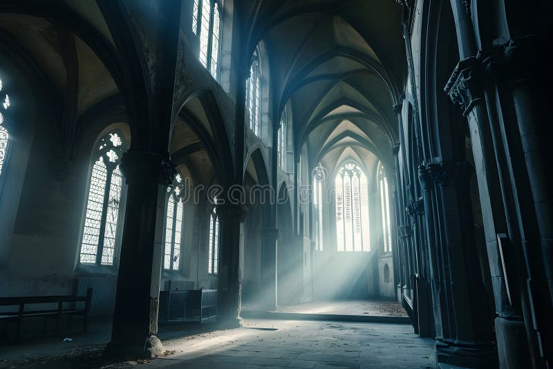 Dark Gothic Abandoned Ancient Chapel Hall Interior with Tall Windows ... Dark Gothic Abandoned Ancient Chapel Hall Interior with Tall Windows ...