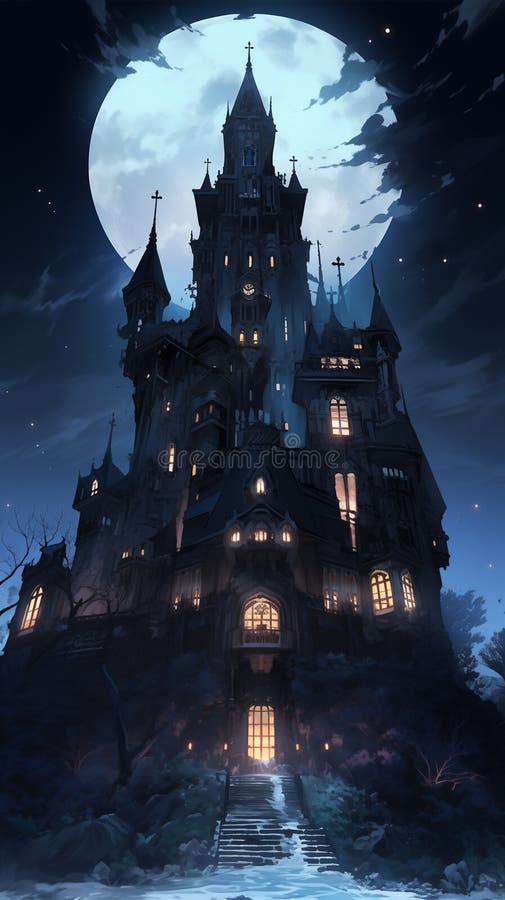 A Dark Gothic Castle Illuminated by a Full Moon on a Cloudy Night Stock ...
