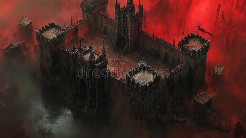 Dark Gothic Castle Ruins in Red Fog Stock Illustration - Illustration ...