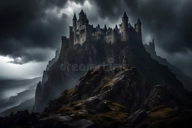 A Dark, Gothic Castle Towering Over a Cliff, Shrouded in Thunderclouds ...