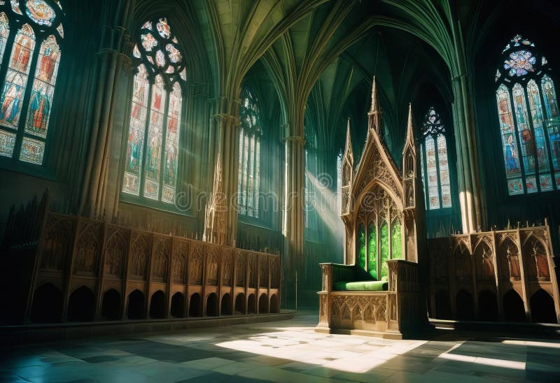 A Dark, Gothic Cathedral with Tall Spires and Arched Windows Stock ...