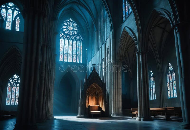 A Dark, Gothic Cathedral with Tall Spires and Arched Windows Stock ...