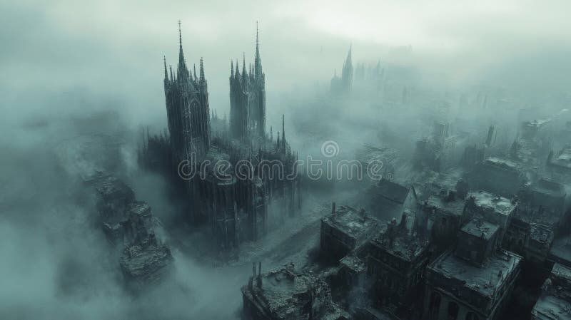 Dark Gothic City Ruins in Dense Fog Stock Illustration - Illustration ...