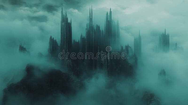 Dark Gothic City Ruins in a Teal Fog Stock Illustration - Illustration ...