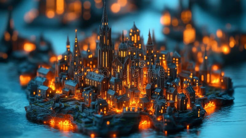 Dark Gothic Fantasy City Island at Night Stock Illustration ...