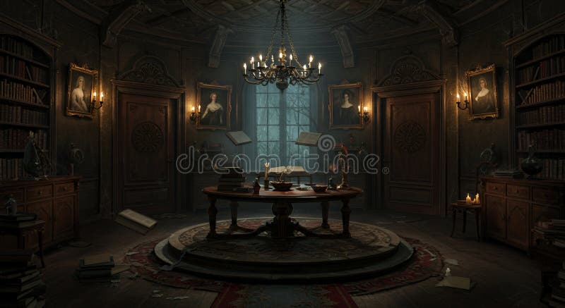 Dark Gothic Library Interior with Circular Display Table Stock ...