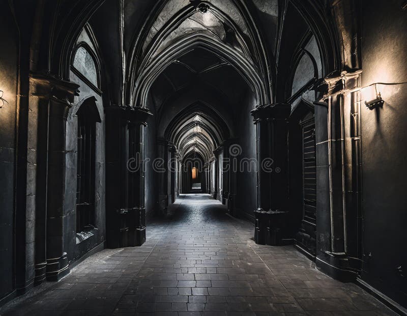 A Dark Gothic Looking Hallway in a Dark Gothic Looking Building Stock ...
