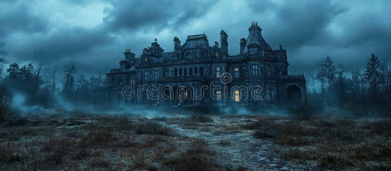 Dark Gothic Manor with Eerie Clouds and Flickering Lights, Steeped in ...