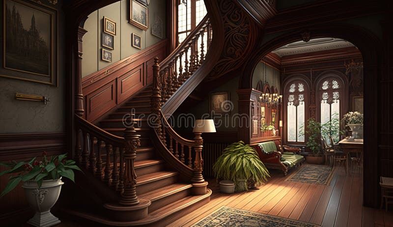 Dark Gothic Mansion Hall in Victorian Style Interior with Staircase and ...