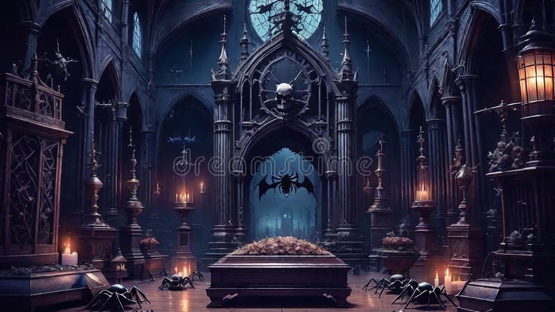 Dark Gothic Setting, Creepy Background, Coffins, Skeletons, Spiders and ...