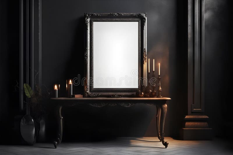 Dark Gothic Vertical Frame Mockup on the Table with Candles Stock ...
